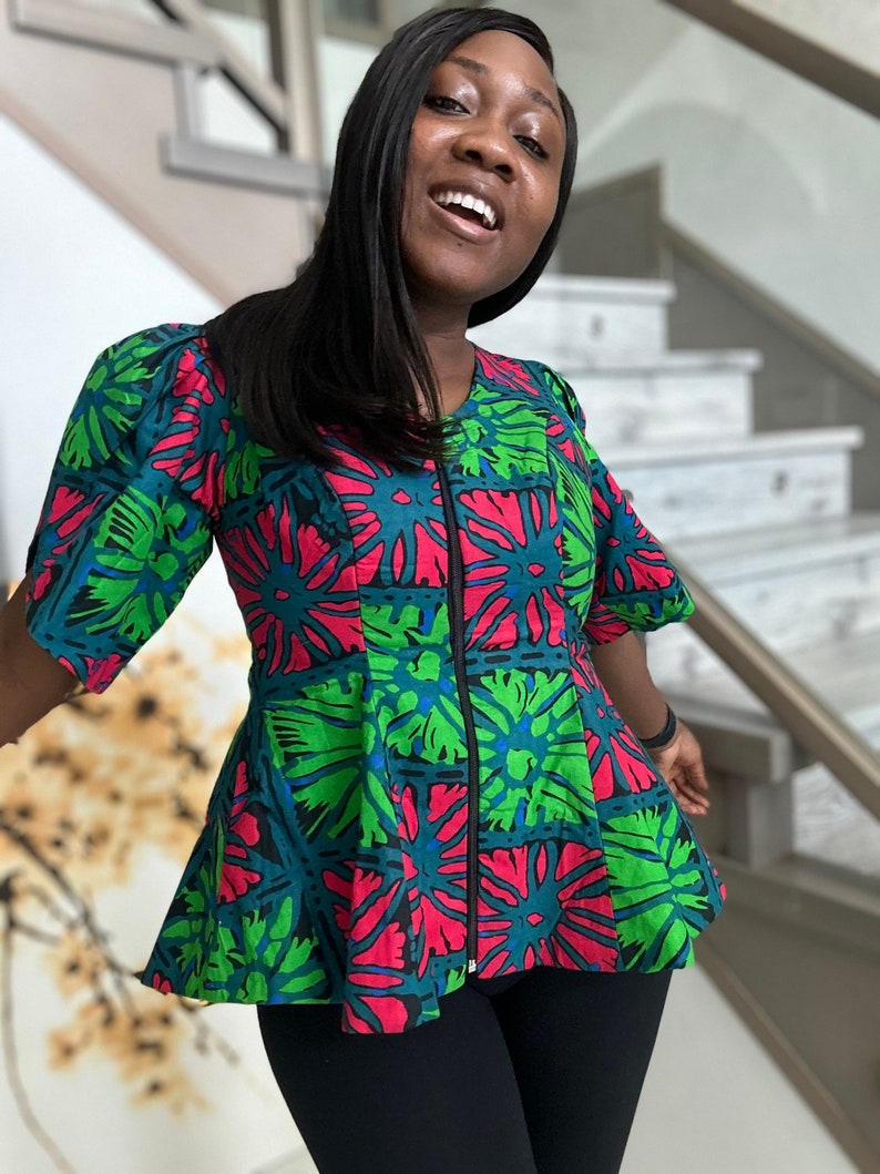 Ankara Peplum Top, African Print Peplum Top, Green Puffed-sleeve Bodycon Top, Pleated Padded ...