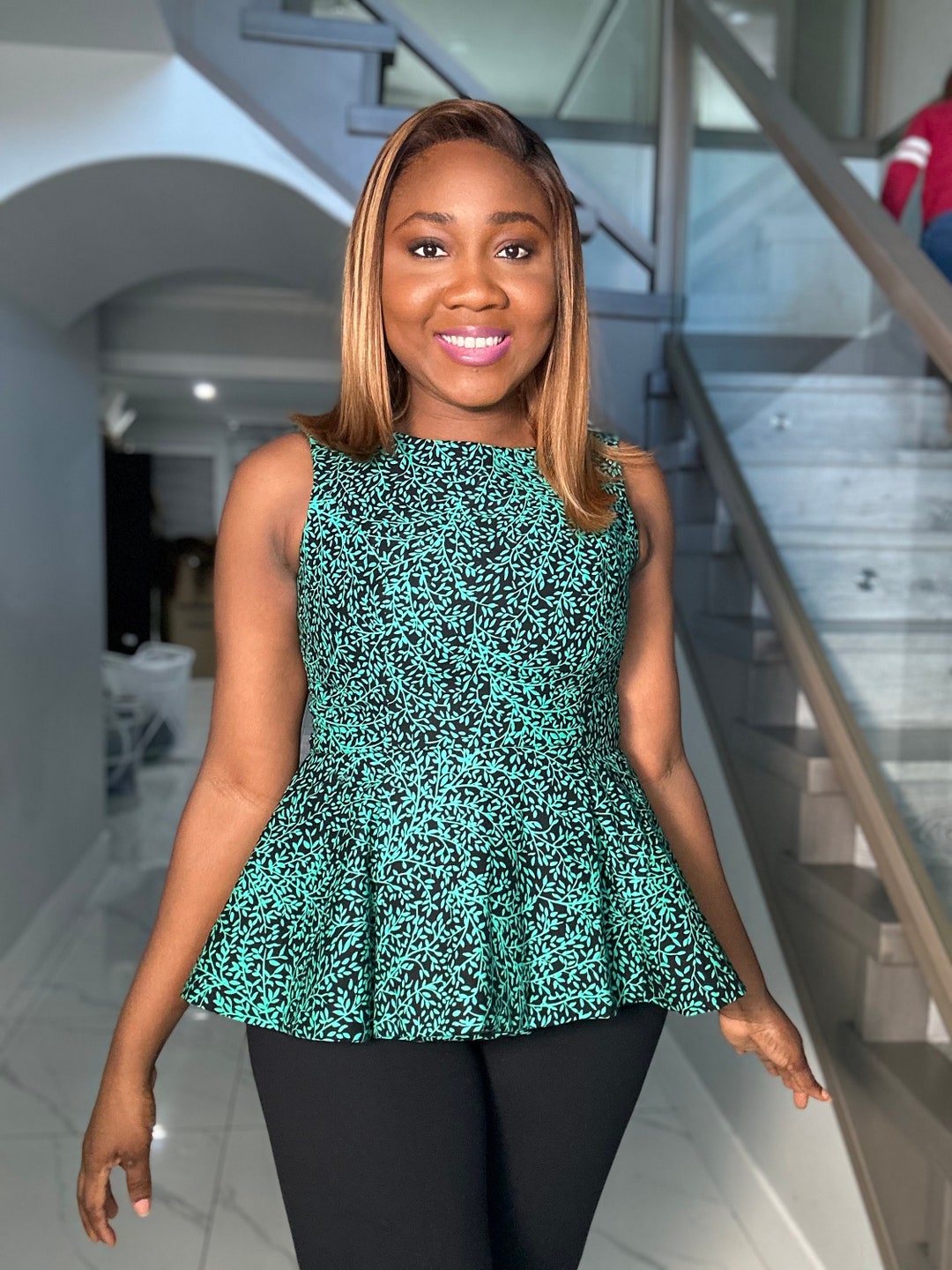 Ankara Peplum Top. African Print Peplum Top. Green Sleeveless Bodycon Top. Pleated Padded Burst ...