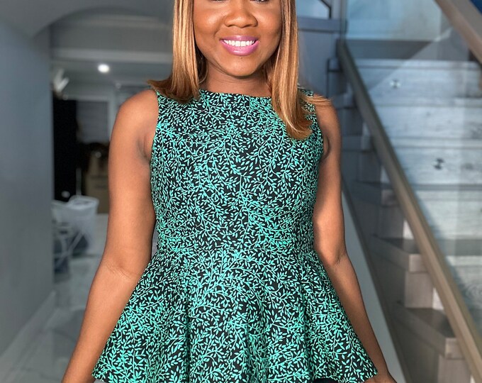 Ankara Peplum Top. African Print Peplum Top. Green Sleeveless Bodycon Top. Pleated Padded Burst ...
