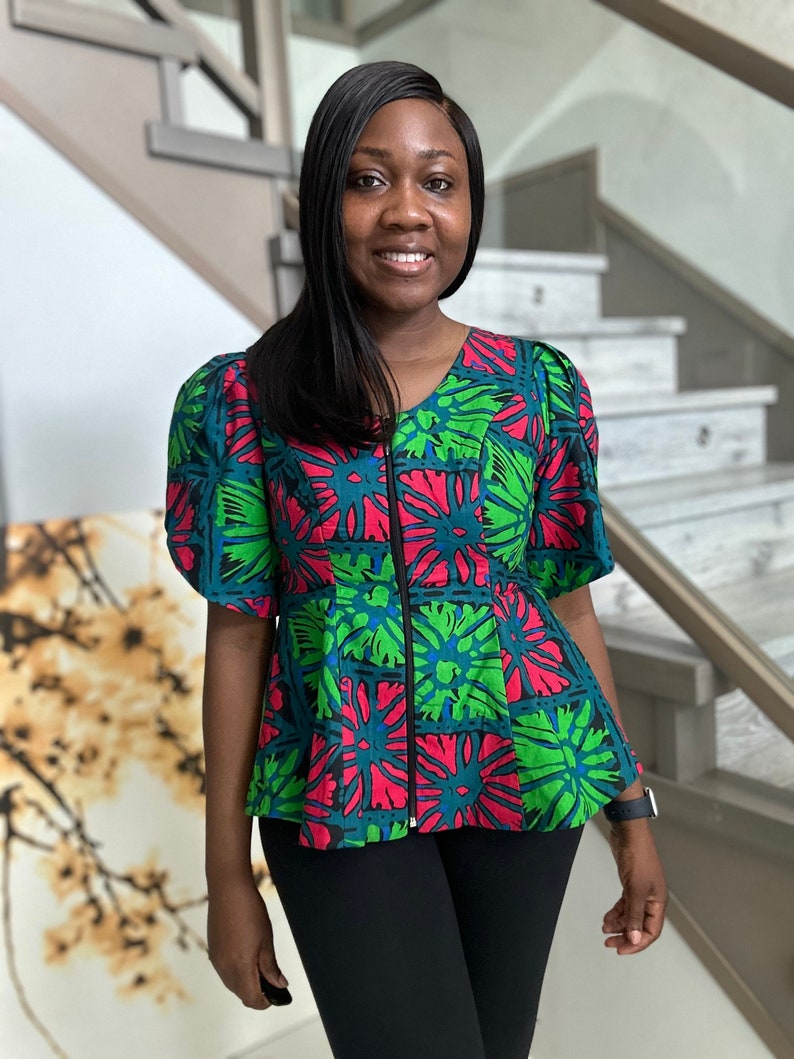 Ankara Peplum Top, African Print Peplum Top, Green Puffed-sleeve Bodycon Top, Pleated Padded ...