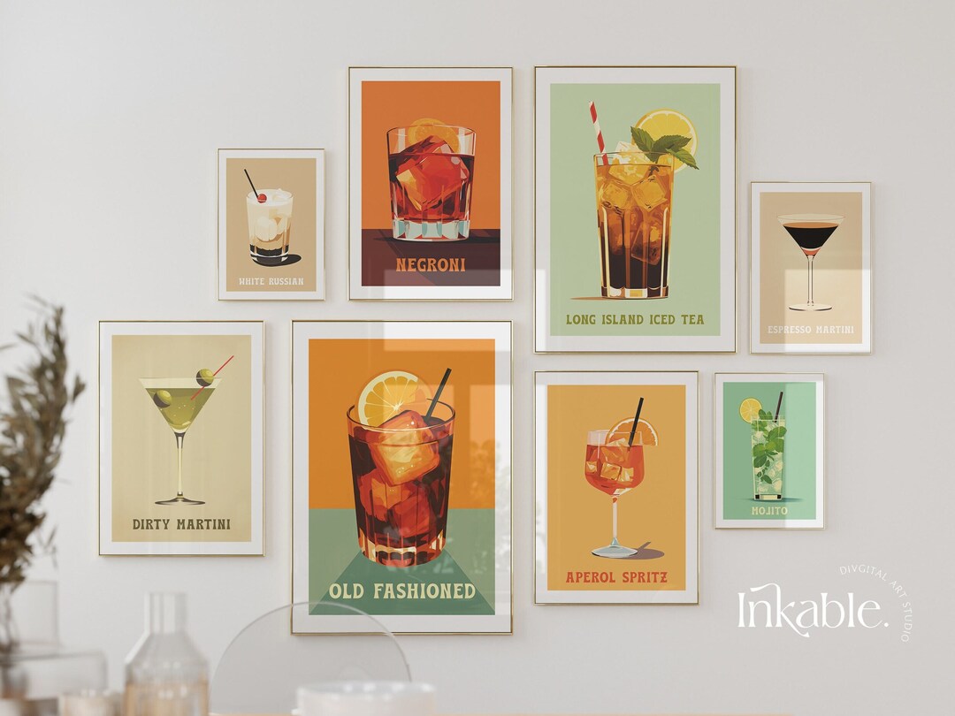 Retro Cocktails Prints Set 8 PRINTABLE Wall Art Bar Cart Prints Decor ...