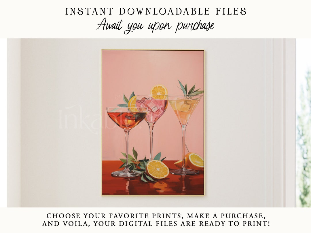 Pink Bar Cart Art Print, PRINTABLE TRENDY Cocktail Art Print, Bar Cart ...