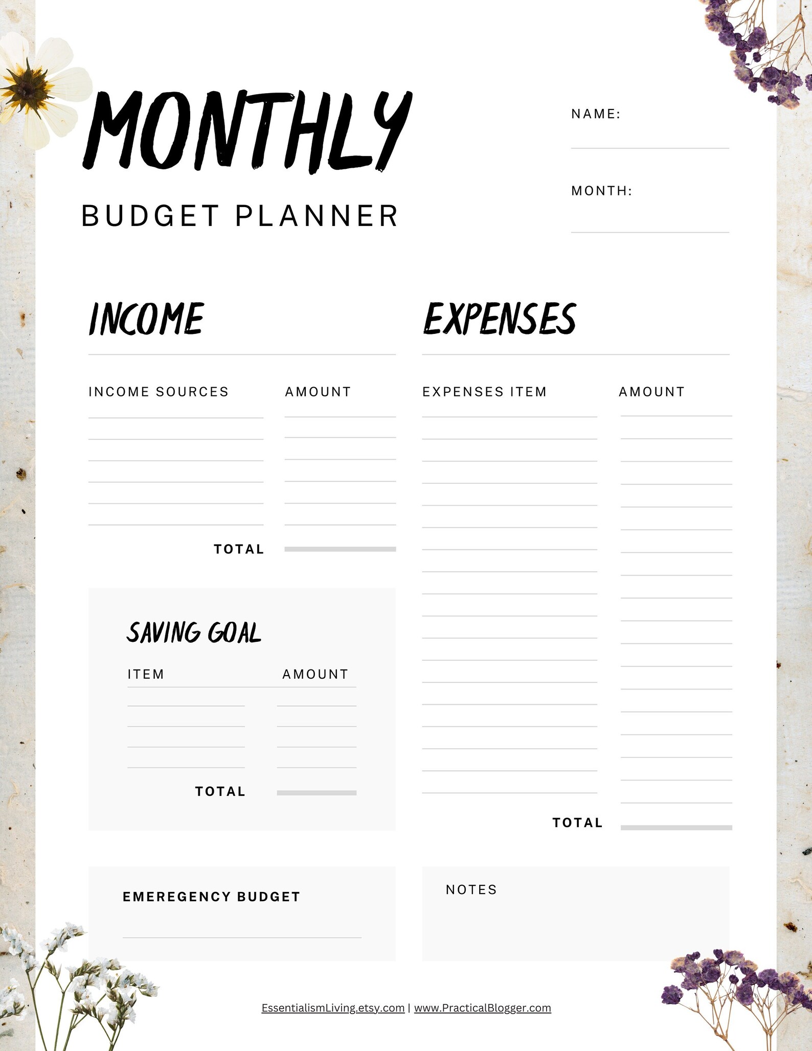 Flowers Monthly Budget Planner, Finance Tracker & Money Manager ...