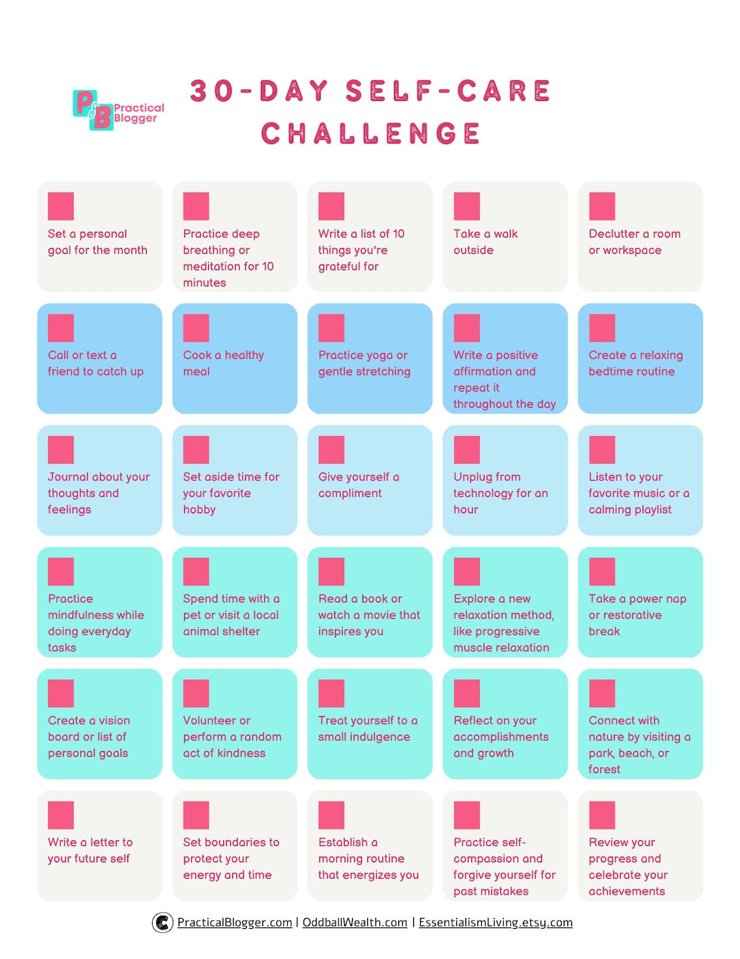 Printable 30-day Self-care Challenge Template PDF | US Letter Size ...