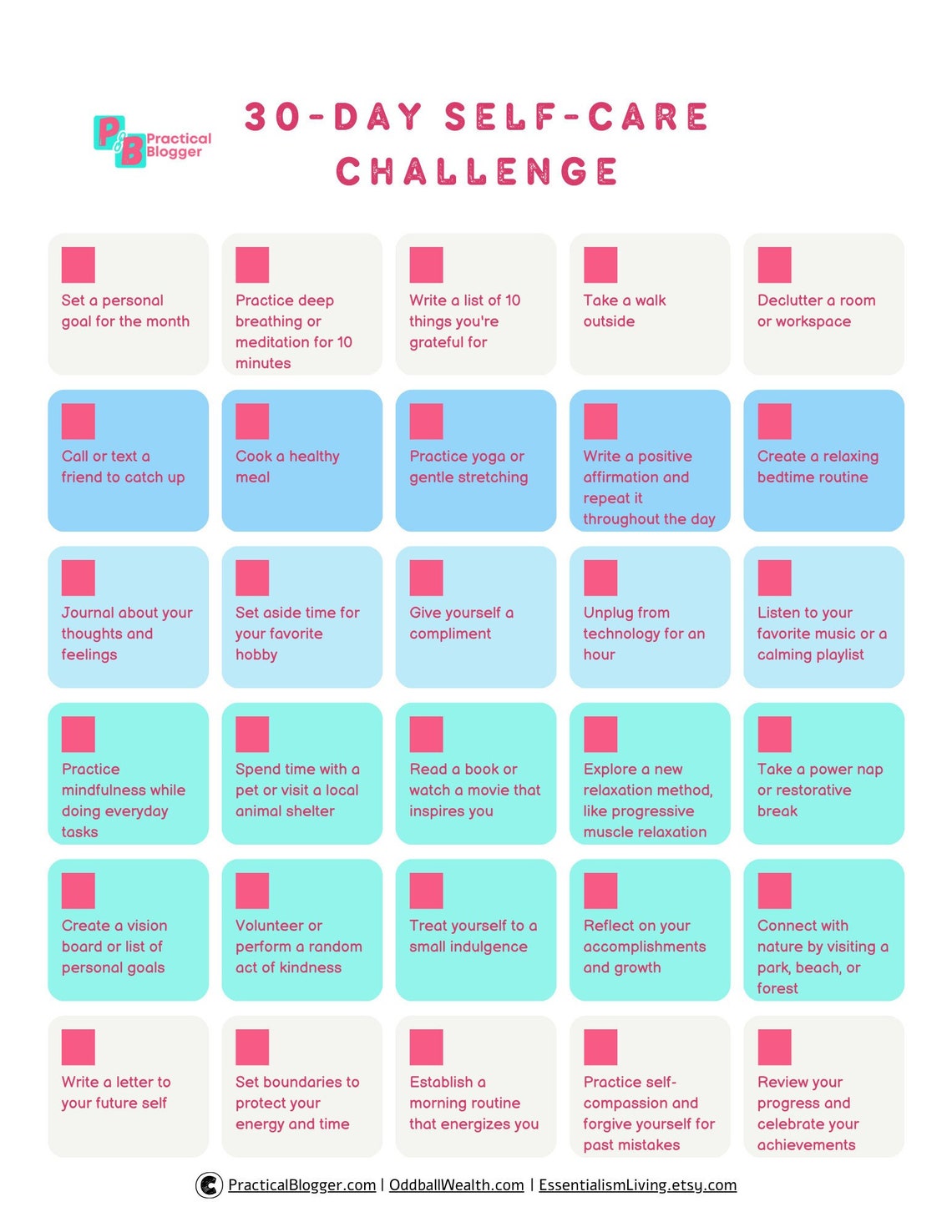 Printable 30-day Self-care Challenge Template PDF | US Letter Size ...