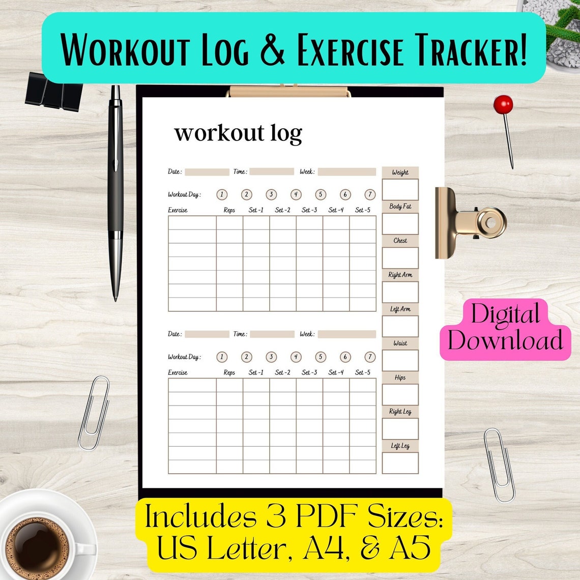 Workout Log & Fitness Tracker Printable PDF Worksheet - Workout Tracker ...