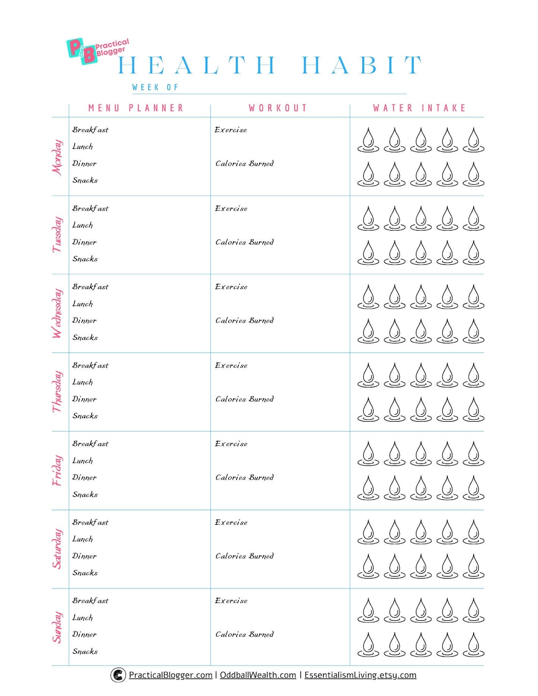 Health Habit Tracker | Wellness Planner, Goal Worksheet (printable PDF ...