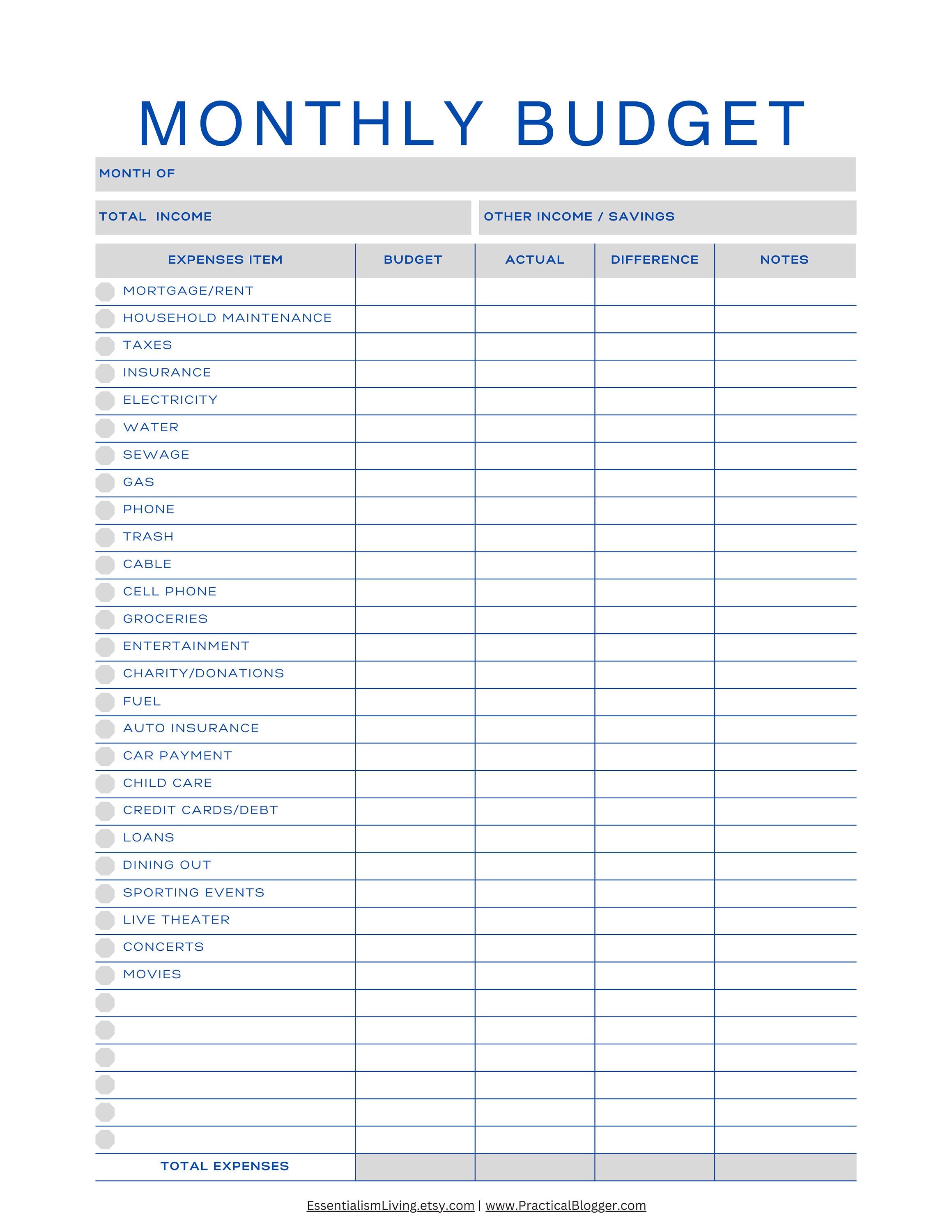 Monthly Budget Planner – Finance Tracker Worksheet (printable PDF) - Etsy