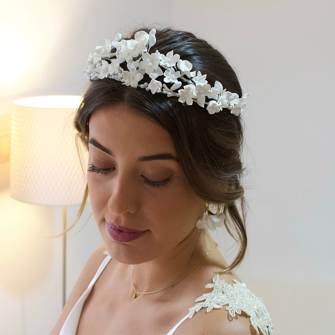 Elegant Wedding Tiara Handcrafted Clay Flowers for Bride's Delicate ...
