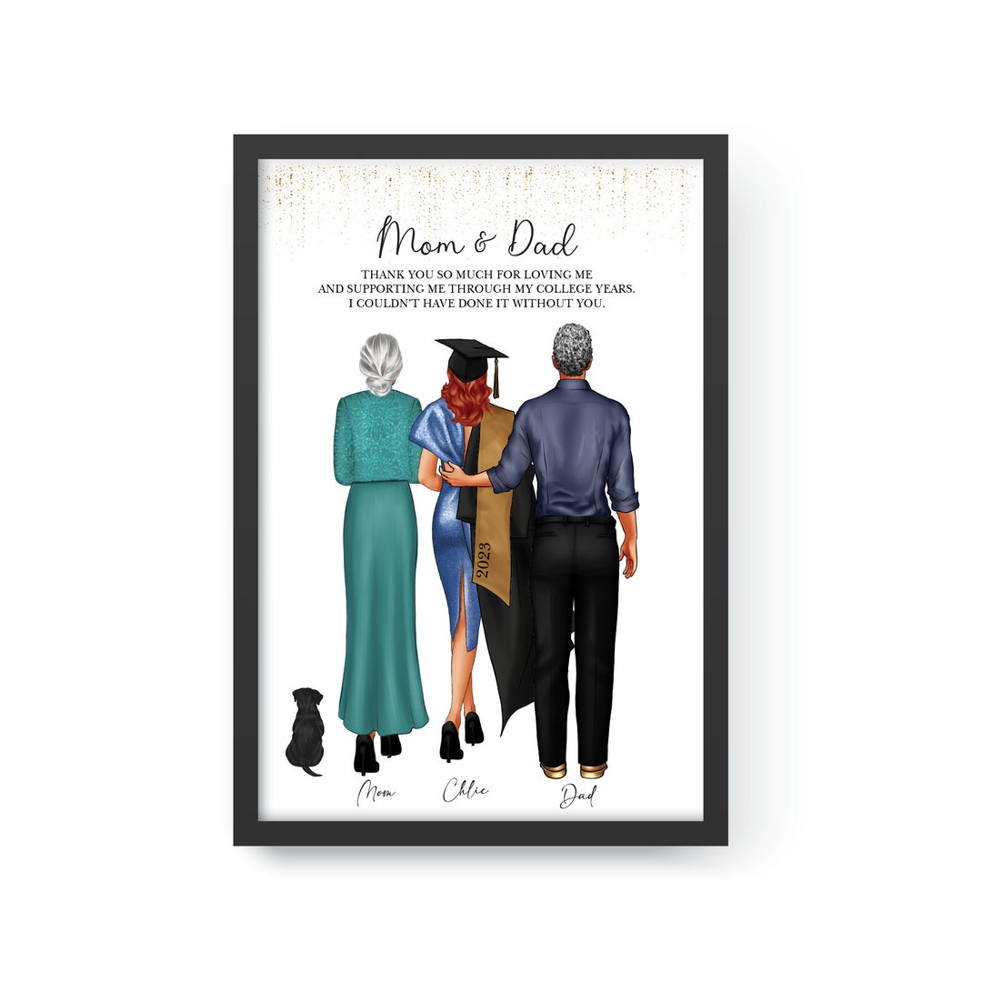 Custom Graduation Portrait, Graduate Girl Daughter With Mom Dad and Pet ...