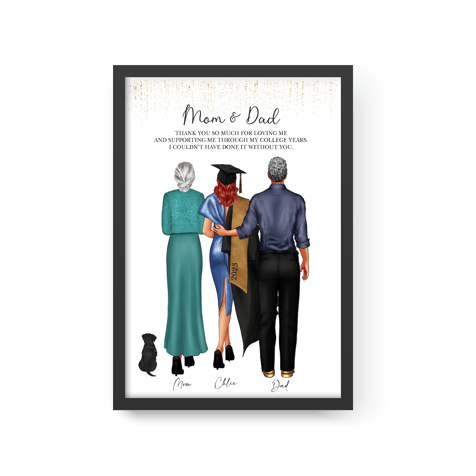 Custom Graduation Portrait, Graduate Girl Daughter With Mom Dad and Pet ...