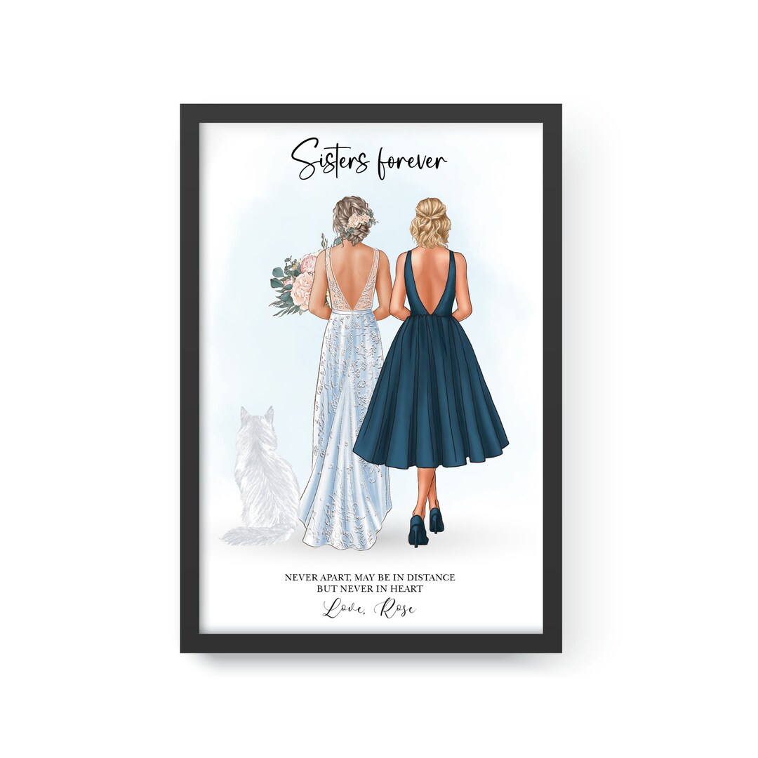 Custom Bride and Sister Portrait With Pet, Sisters Forever, Custom ...