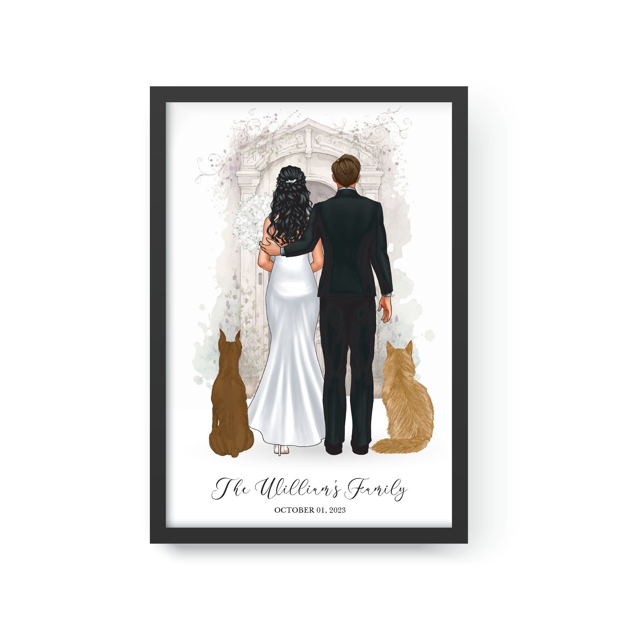 Custom Wedding Couple With Pets, Bride and Groom With Cat and Dog ...