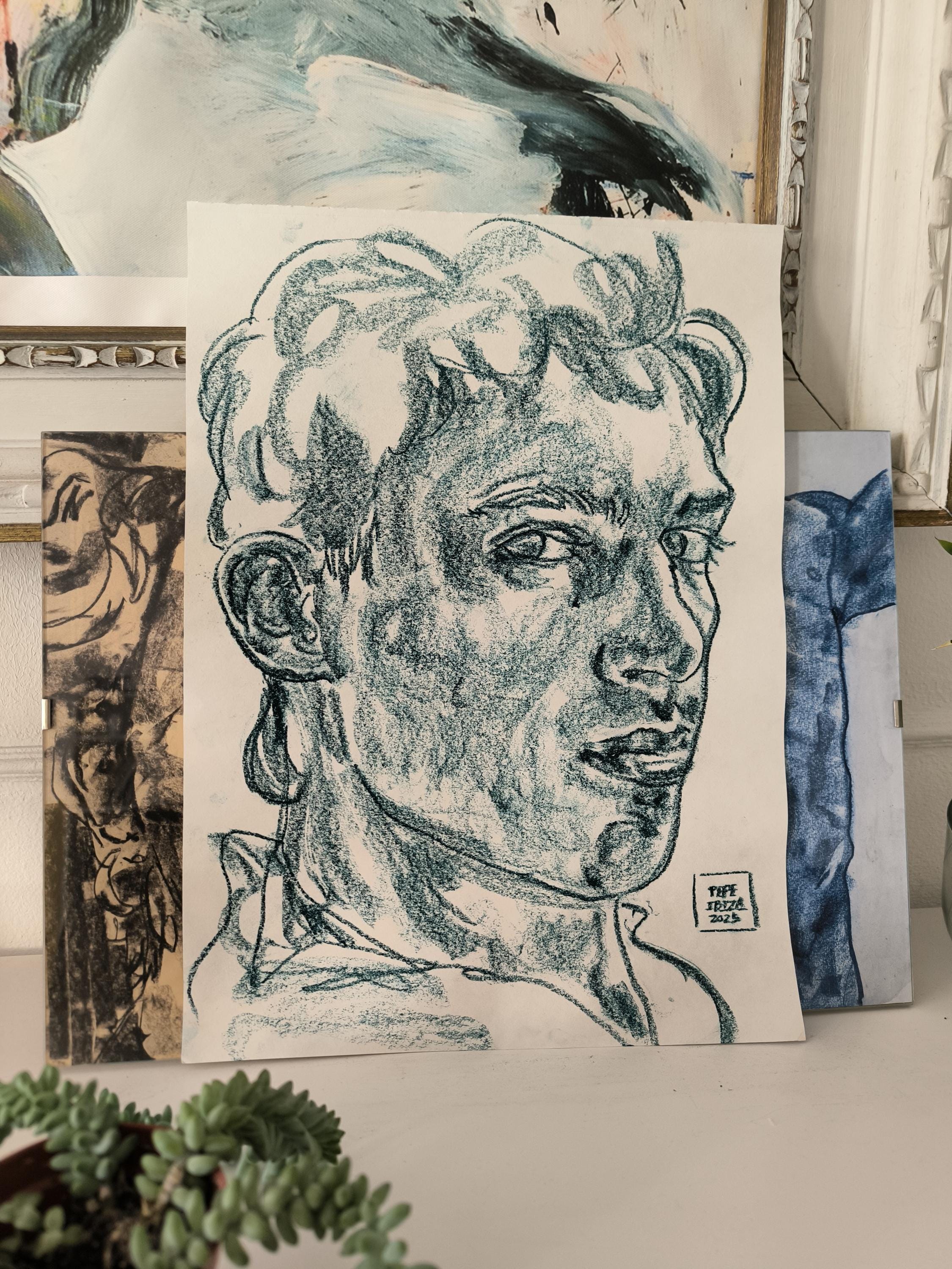 Original Draw - Male Model Face Portrait - Paper A3 Size Green Oil ...
