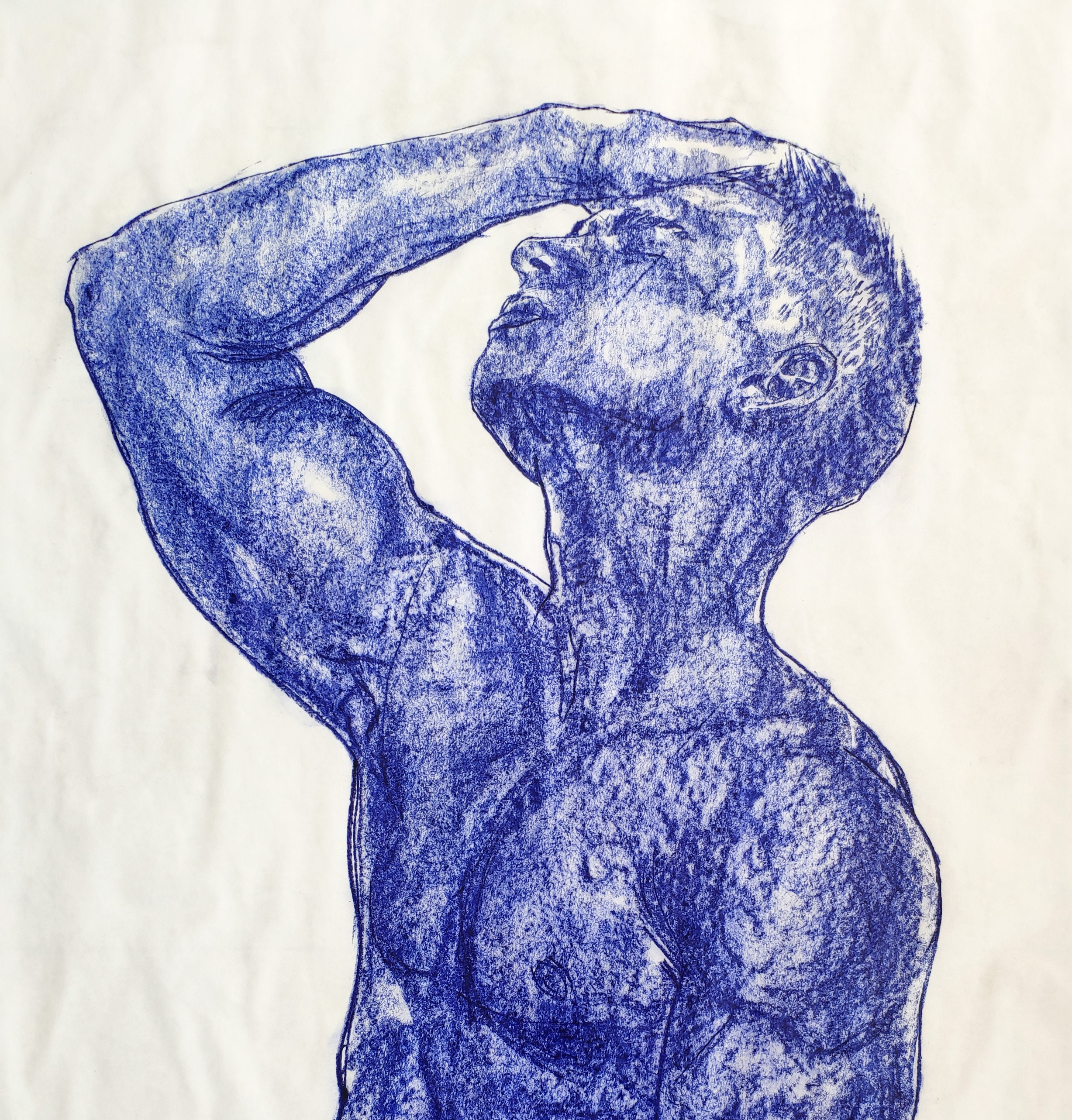 Original Draw Male Portrait Blue Pastel Muscled Handsome Bodybuilder ...
