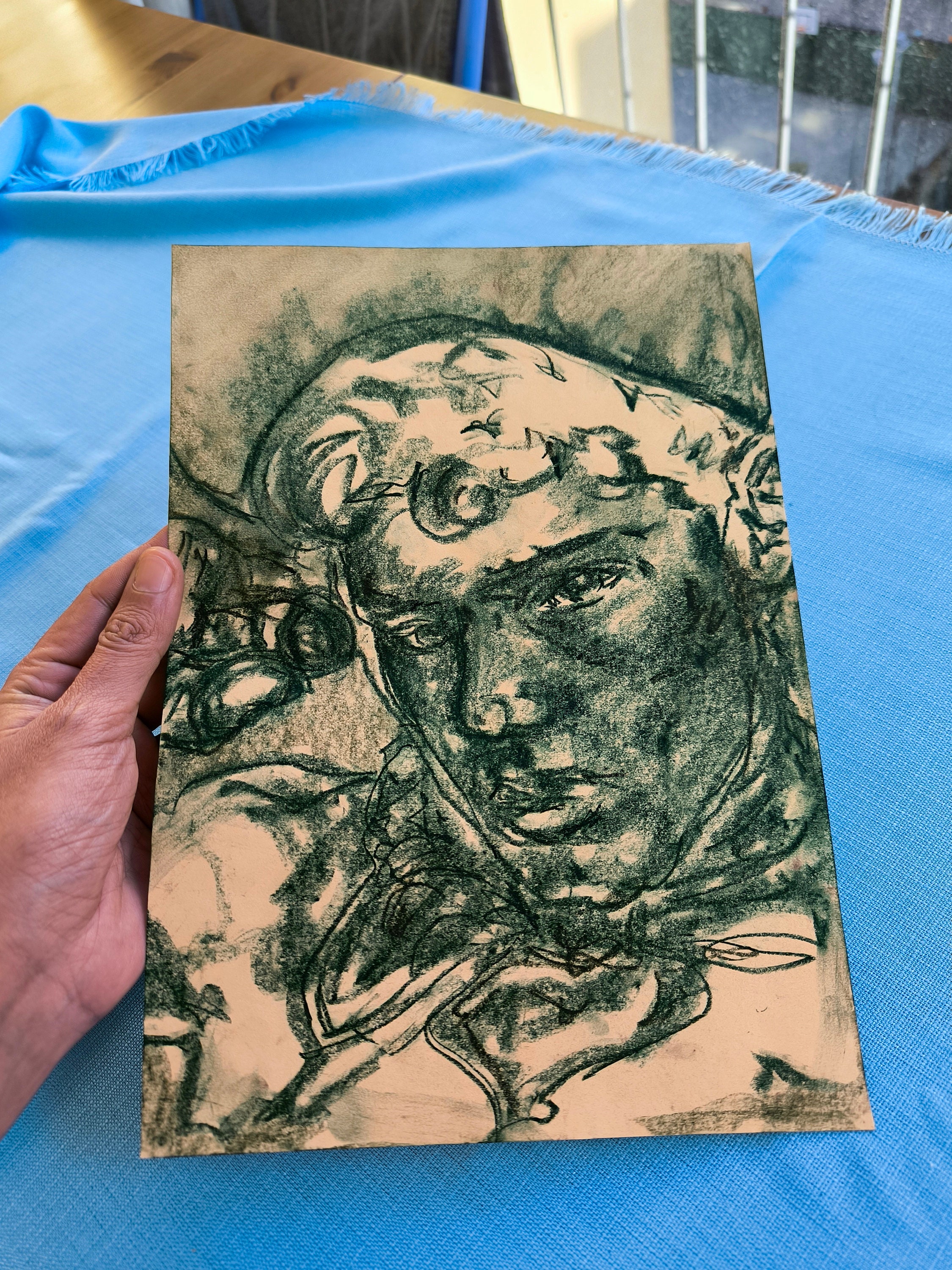 Cowboy Portrait Paper Small Size Dark Green Oil Pastel Bar Love Art ...
