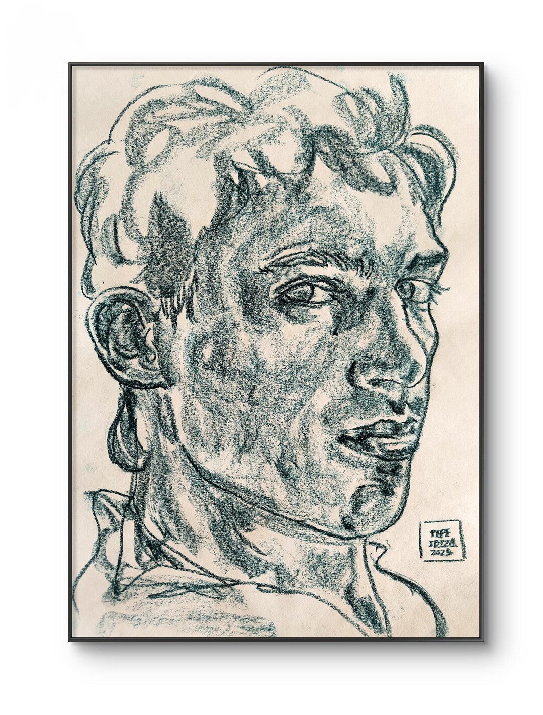 Original Draw - Male Model Face Portrait - Paper A3 Size Green Oil ...