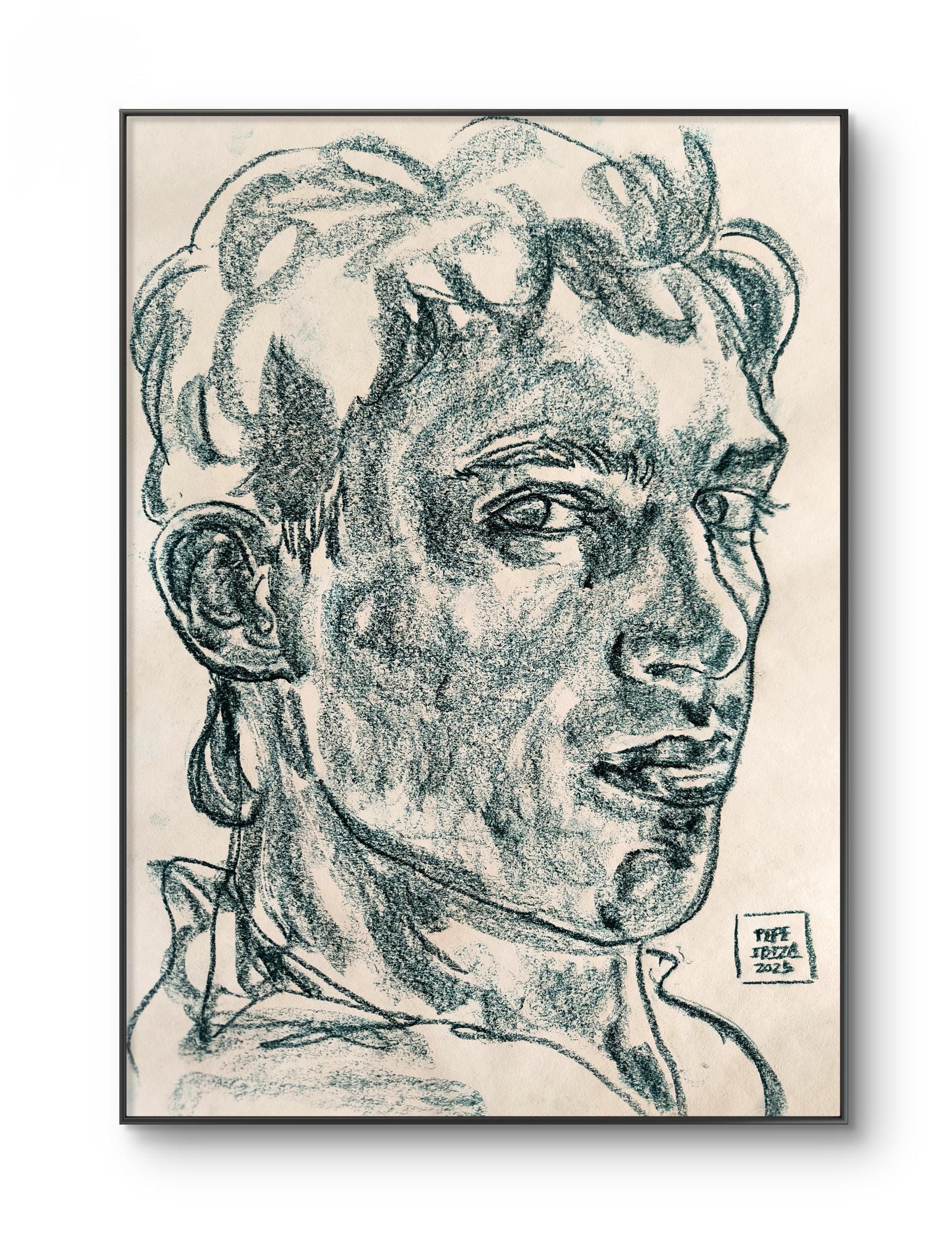 Original Draw - Male Model Face Portrait - Paper A3 Size Green Oil ...