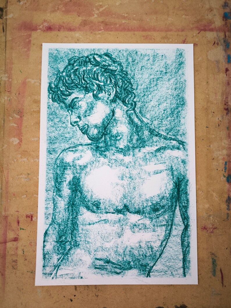 Young Apollo Portrait Drawing Green Oil Pastel Boy Young Teen - Etsy
