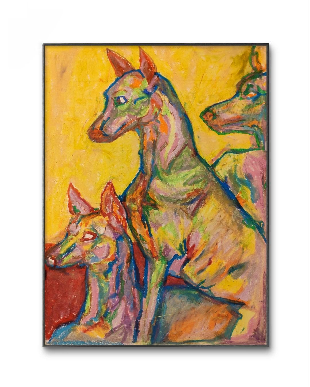 Original Draw - Three Hunting Dogs Handmade Oil Pastels Art Colorful ...