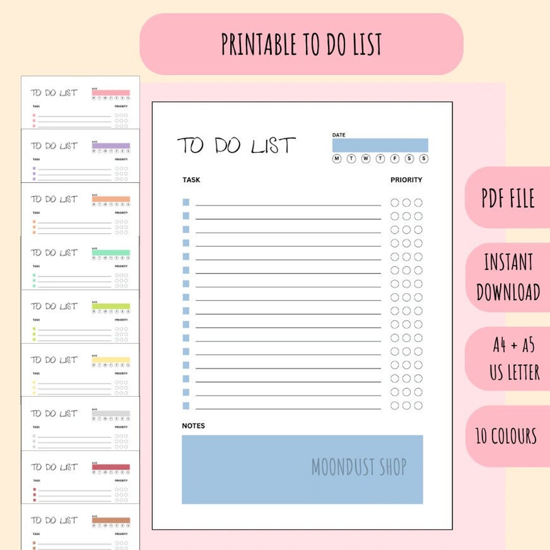 Printable to Do List, Instant Download, A4, US Letter, Template ...