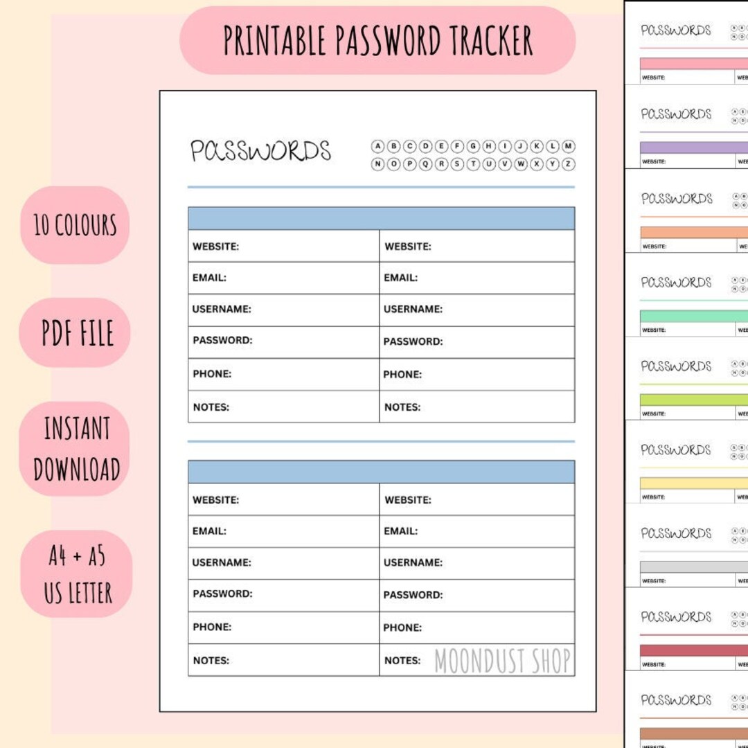 Printable Password Tracker, Instant Download, A4, US Letter, Password ...