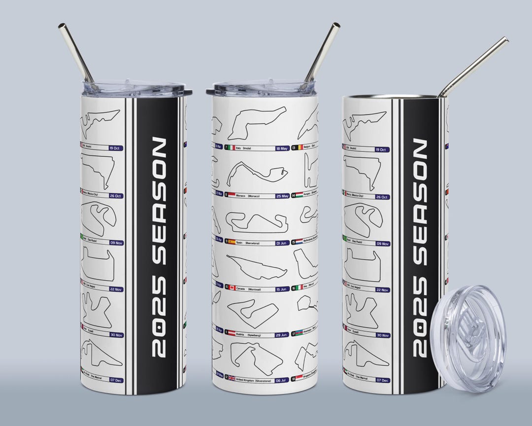 White 2025 F1 Season Calendar Race Track Stainless Steel Tumbler 20oz ...