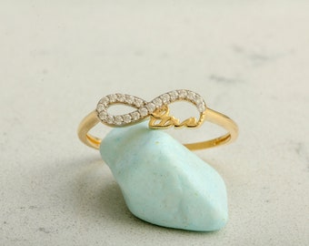 14k Real Solid Yellow Gold Infinity Heart Ring, 14k Solid Gold Women ...