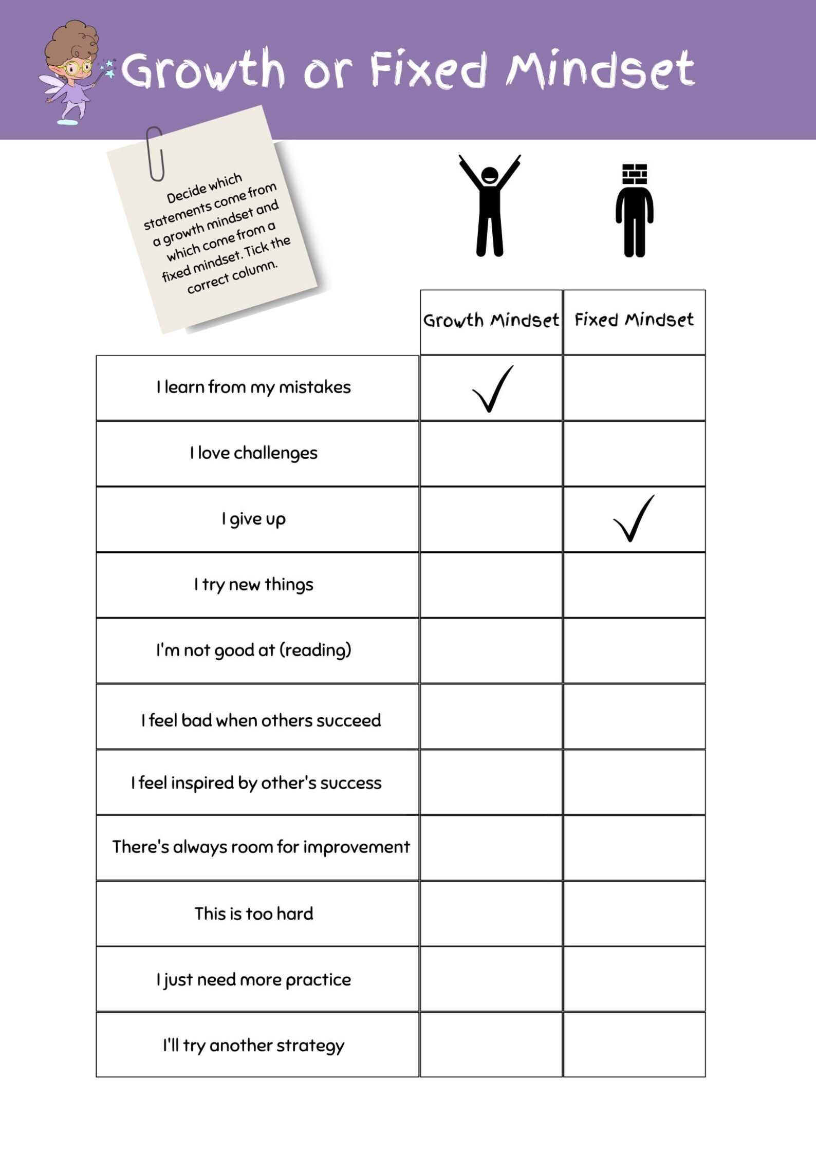 Growth Mindset or Fixed Mindset Sorting Activity, Therapy Worksheets ...