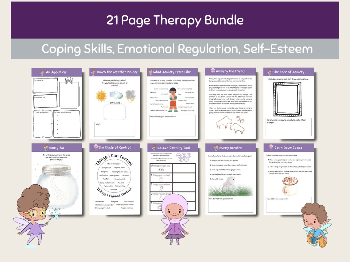 21 Page Kids Therapy Bundle, Coping Skills, Emotional Regulation, Self ...