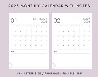 2025 Monthly Calendar With Notes, Landscape, Printable Calendar ...