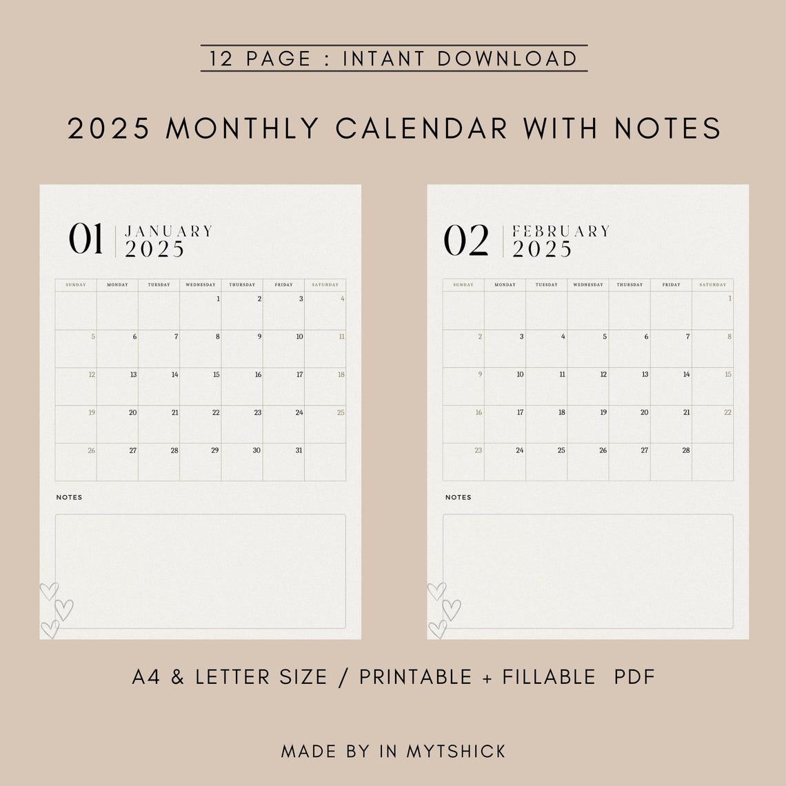 2025 Monthly Calendar With Notes, Landscape, Printable Calendar ...