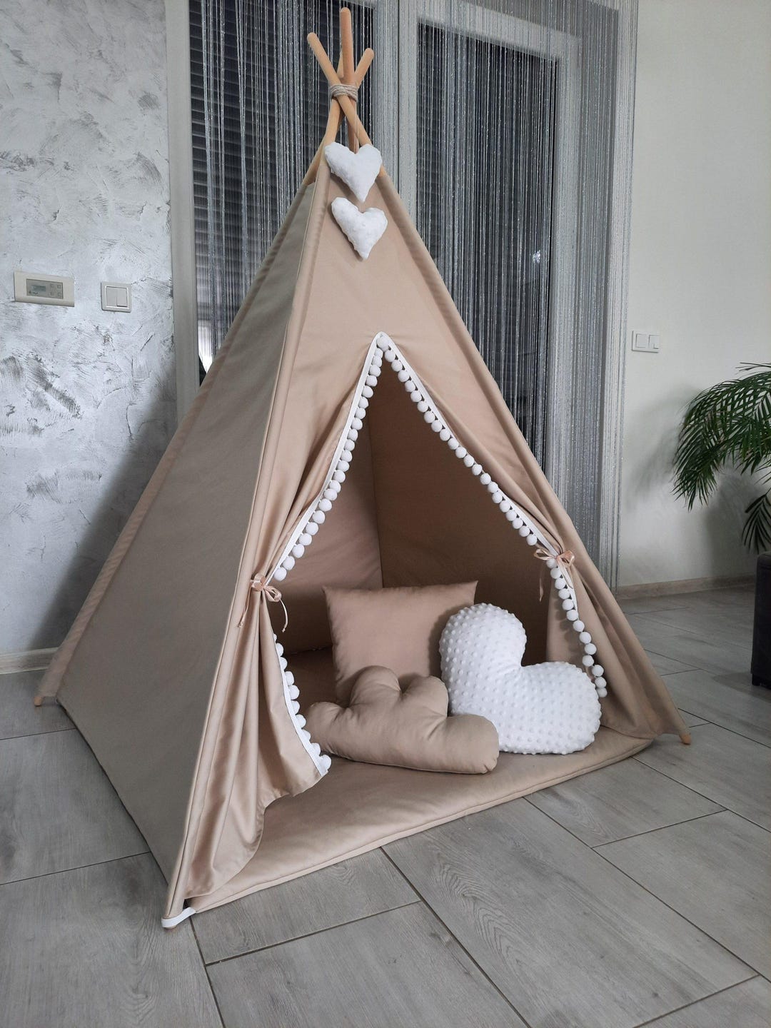 Creamy Teepee Tent With Mat, Kids Teepee Tent for Girls, Portable Kids ...