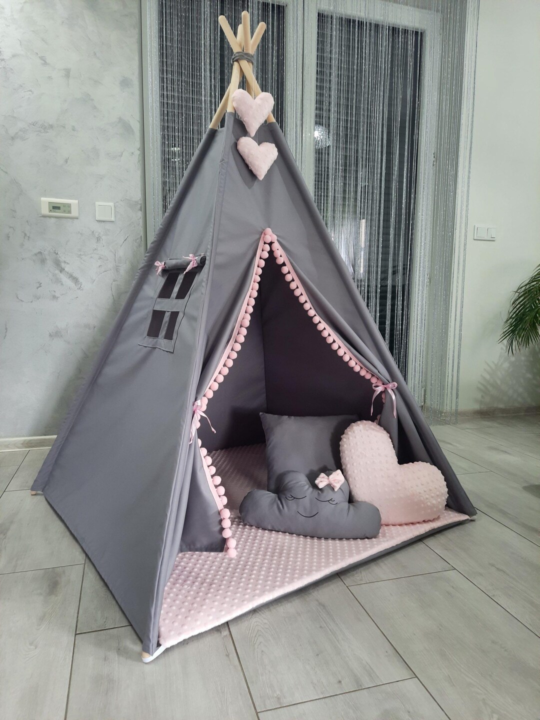 Grey and Pink Teepee Tent With Mat, Kids Teepee Tent for Girls ...