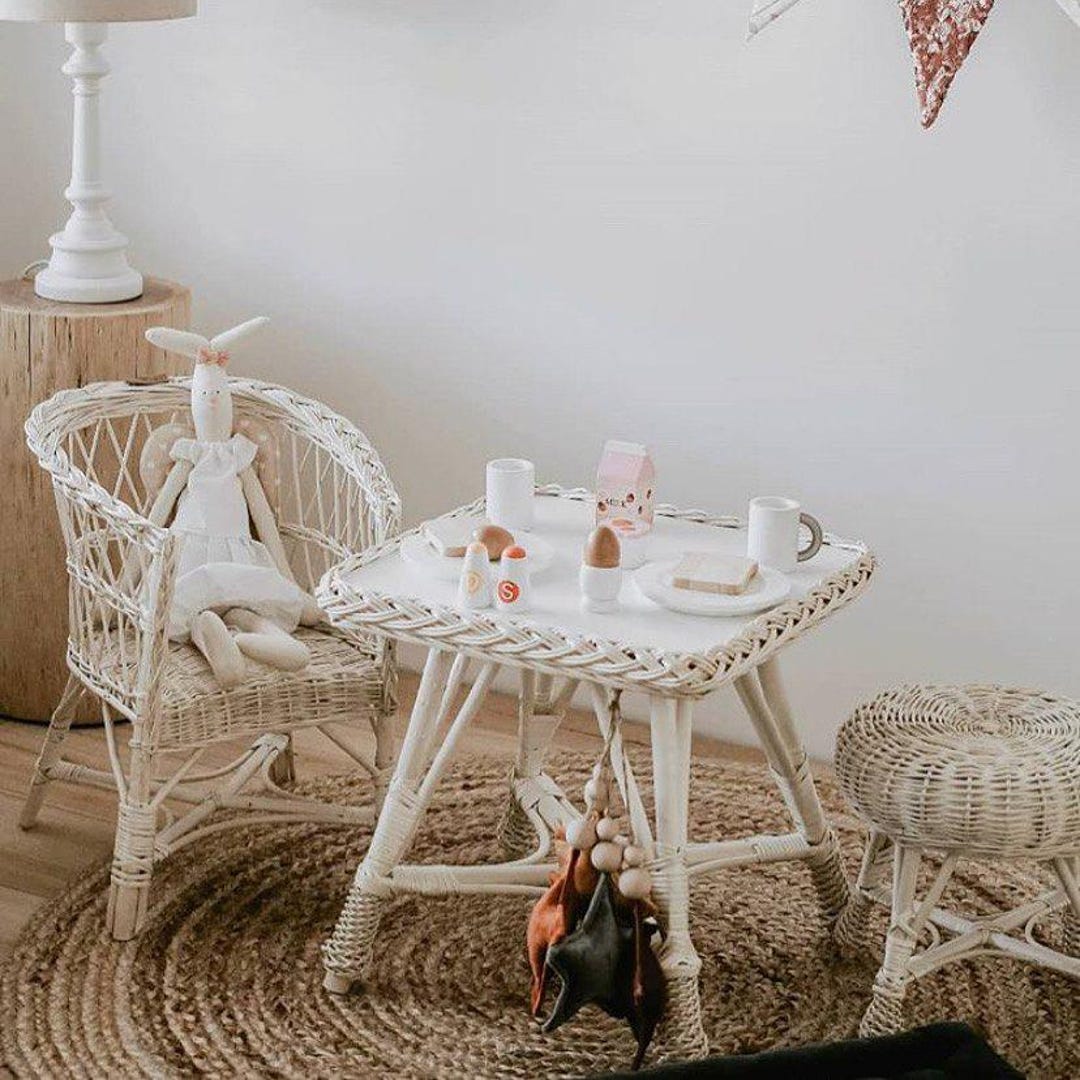 White Wicker Table and Chair for Children, Vintage Furniture Toddler ...