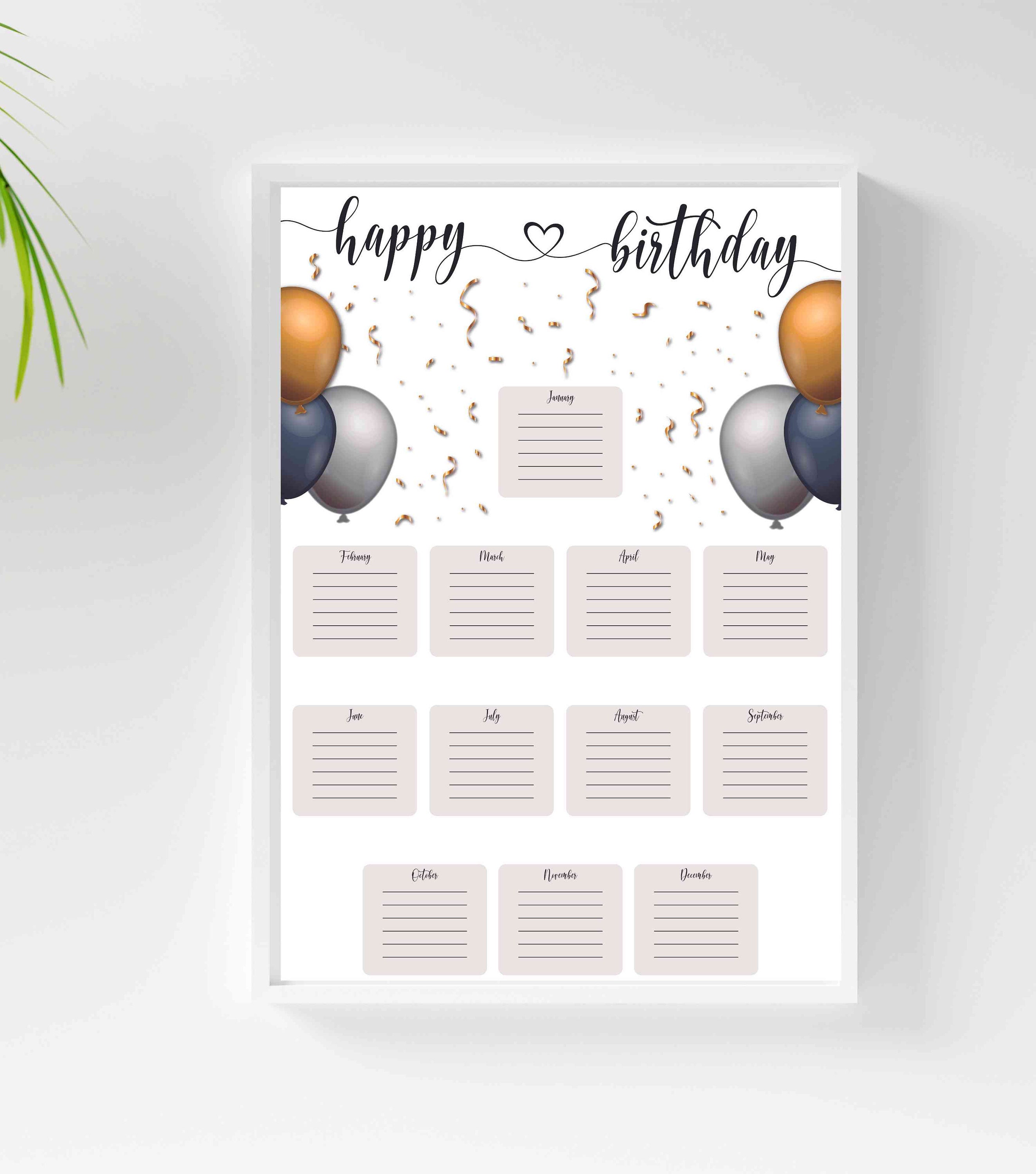 Printable Birthday Poster for Office Chart for Staff Birthdays Employee ...