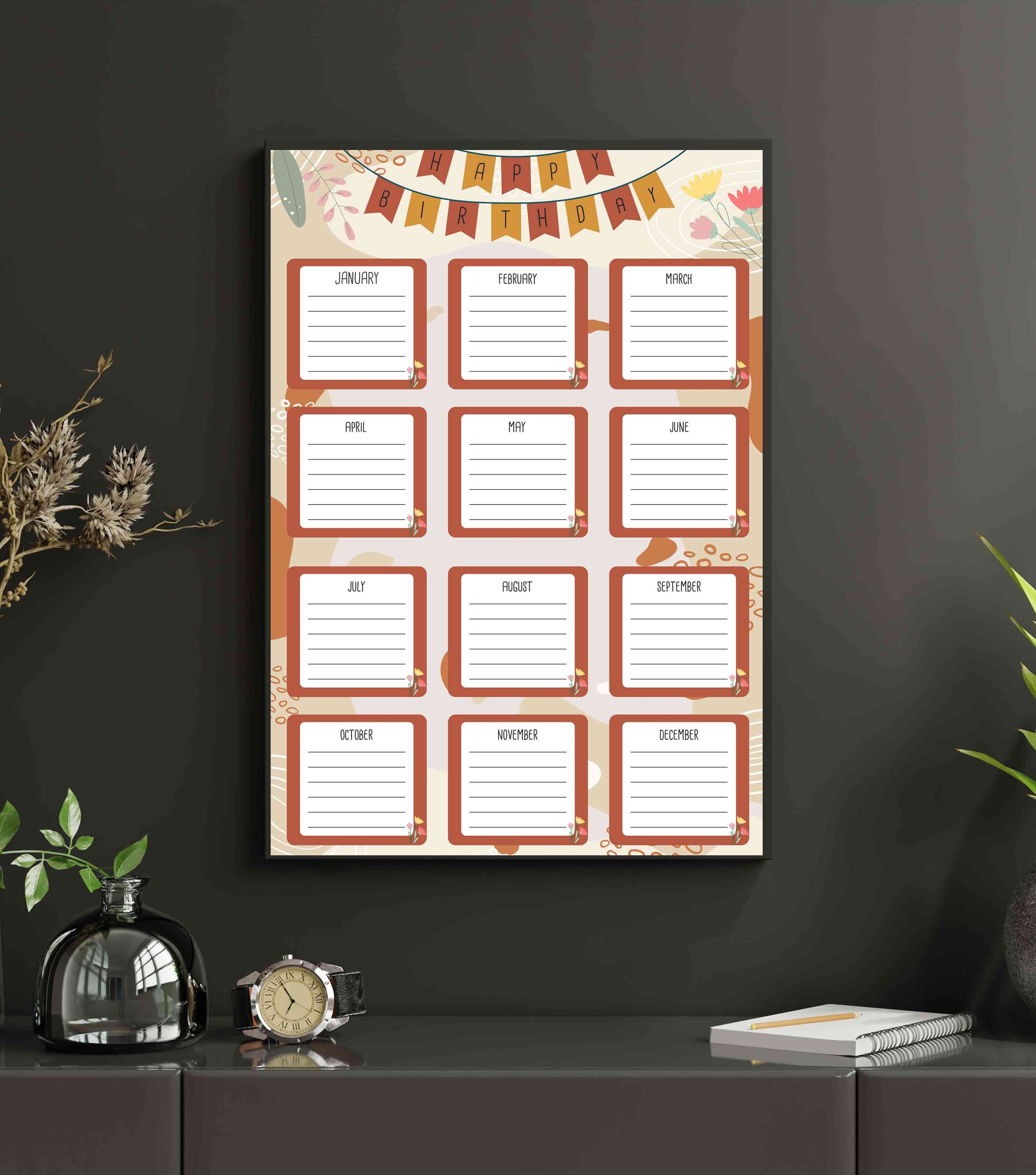 Digital Boho Birthday Poster Office Chart Staff Birthdays Employee ...