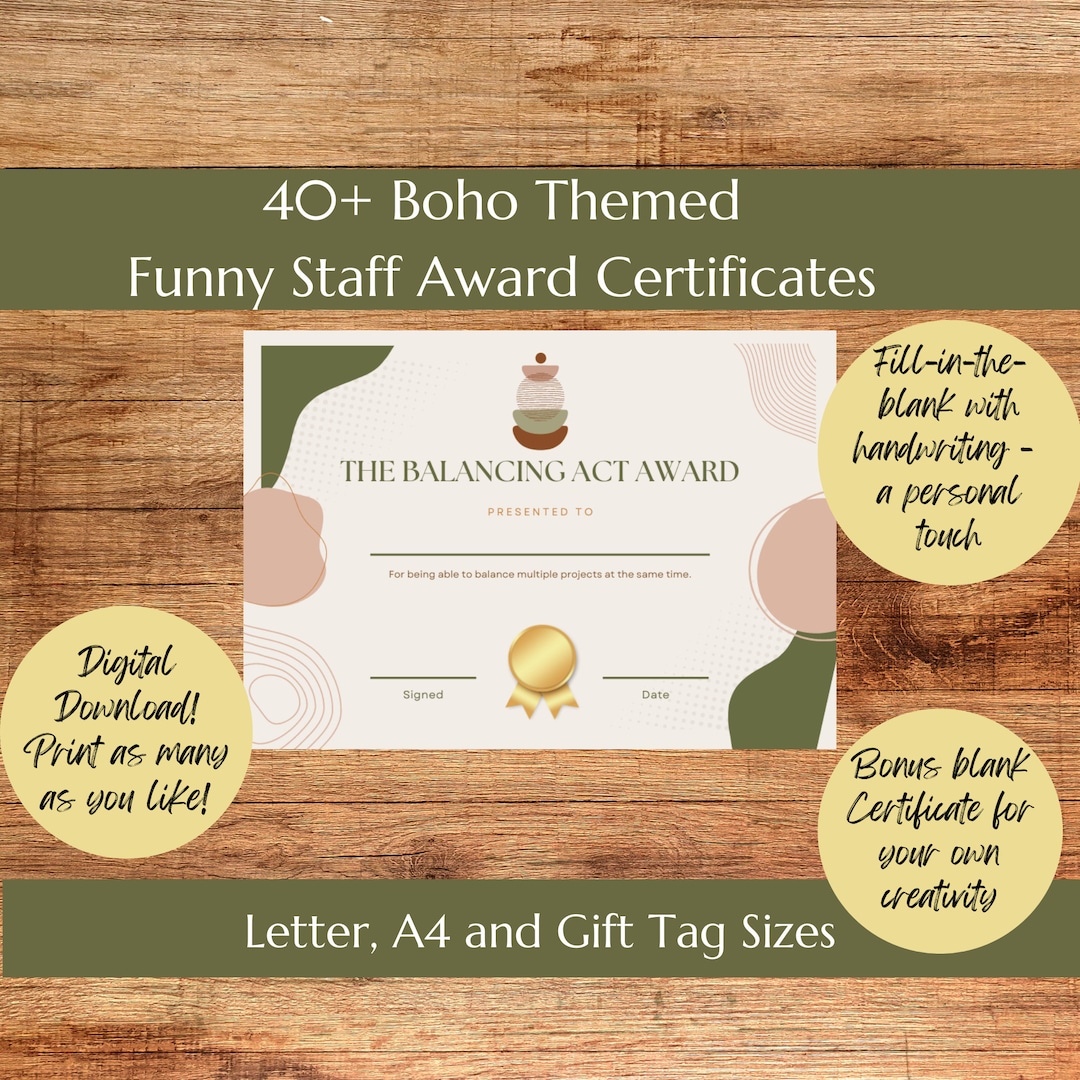 Funny Employee Recognition Certificates: Boho Staff Awards (digital ...