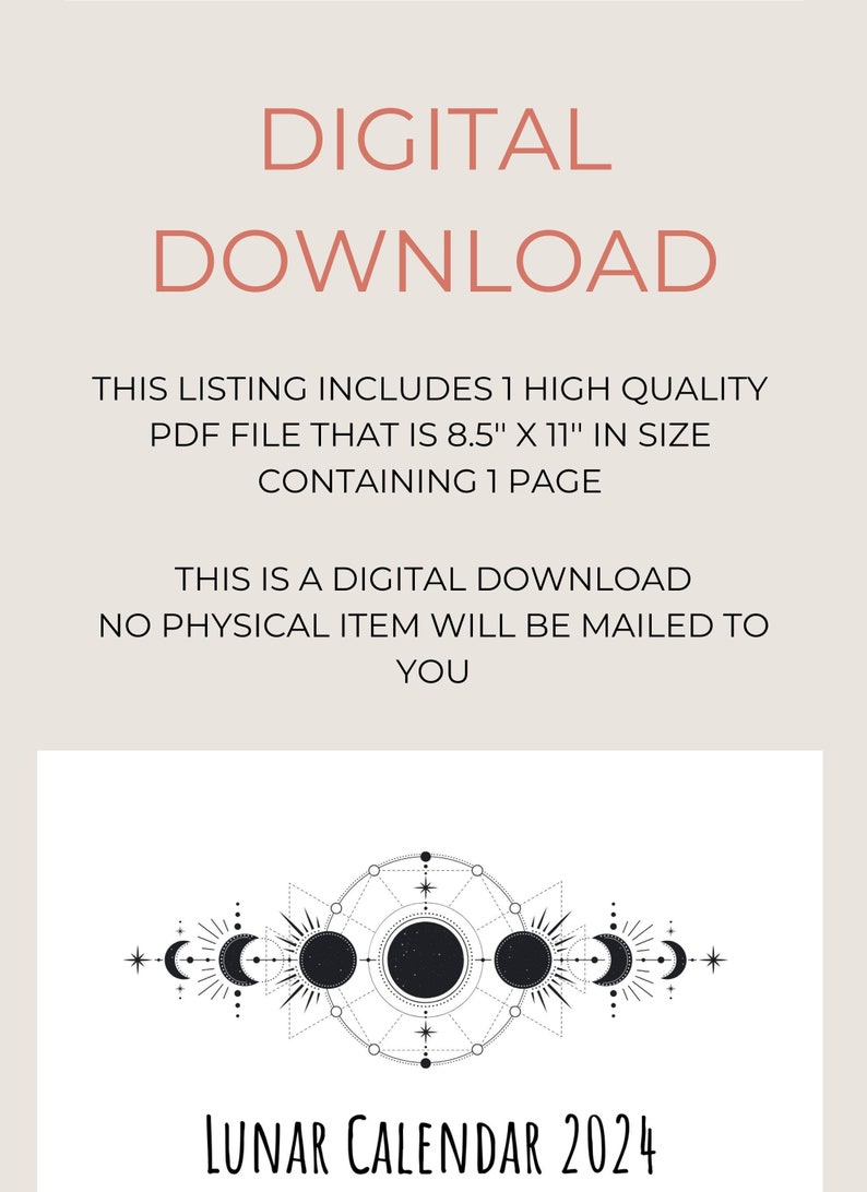 Buy 2024 Lunar Calendar Printable Moon Phase Calendar 8.5'' X 11 ...