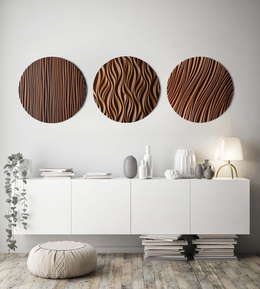 Set of 3 Round Iroko Wall Panels – Geometric Carved Design - Etsy