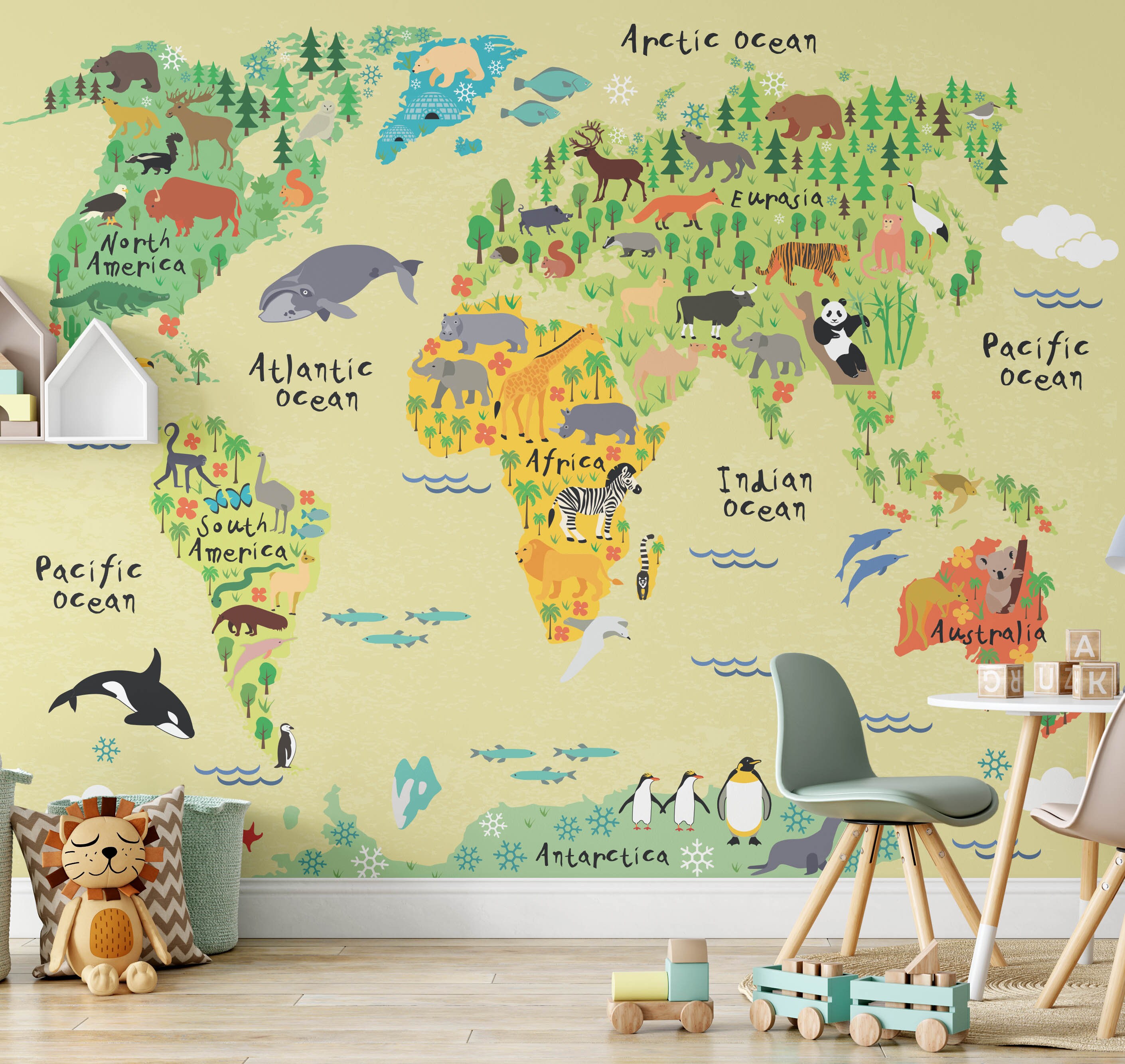 Safari World Map Wallpaper, Removable Nursery Jungle Mural Wallpaper ...