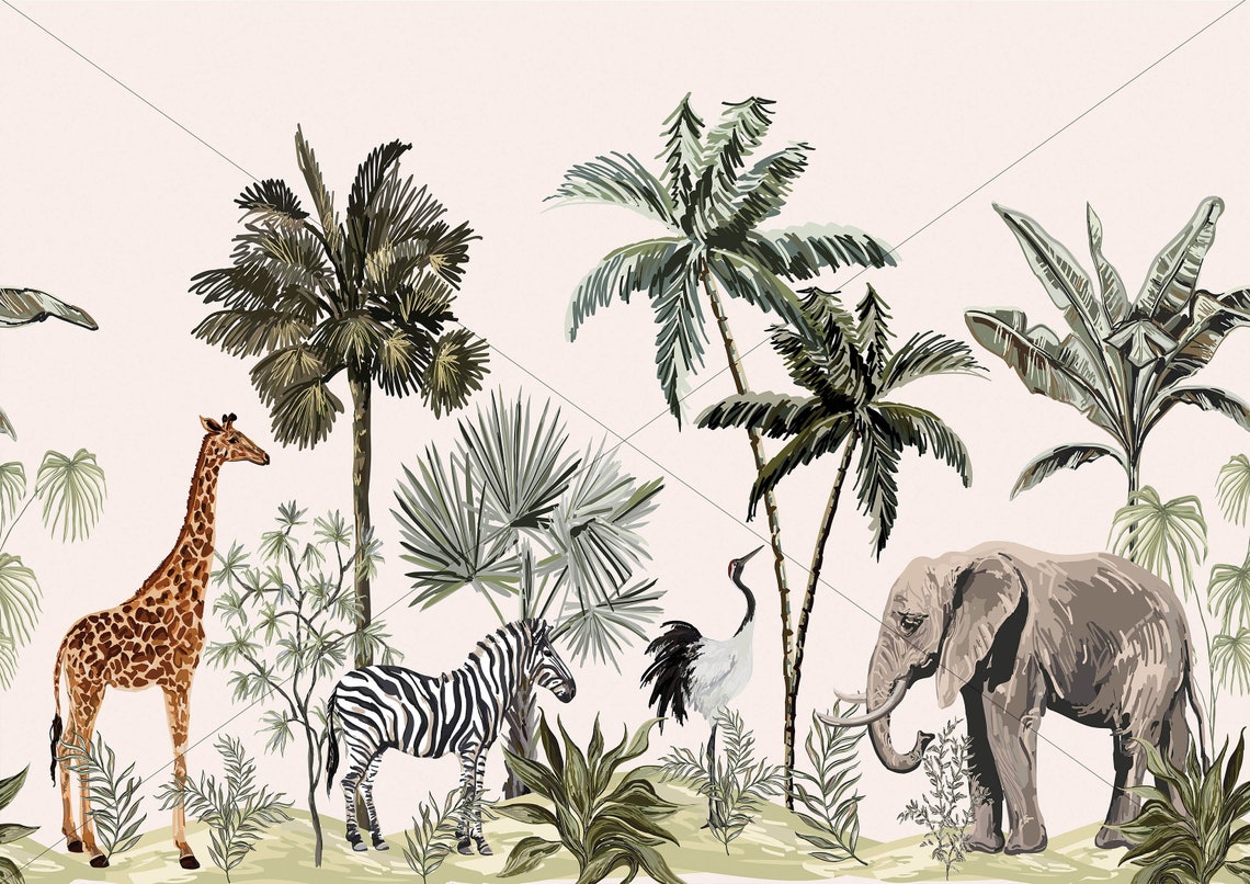 Safari Nursery Wallpaper, Removable Jungle Mural Wallpaper, Children's ...