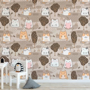 Happy Cats Nursery Children's Wallpaper Mural, Removable Boho Animal ...