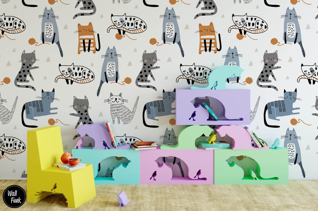 Playful Cat Nursery Children's Wallpaper Mural, Removable Animal Wall ...