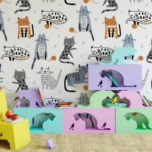 Playful Cat Nursery Children's Wallpaper Mural, Removable Animal Wall ...
