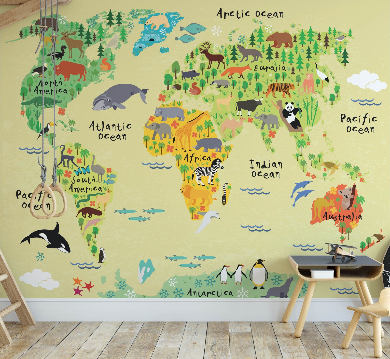 Safari World Map Wallpaper, Removable Nursery Jungle Mural Wallpaper ...