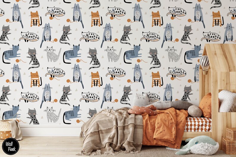 Playful Cat Nursery Children's Wallpaper Mural, Removable Animal Wall ...