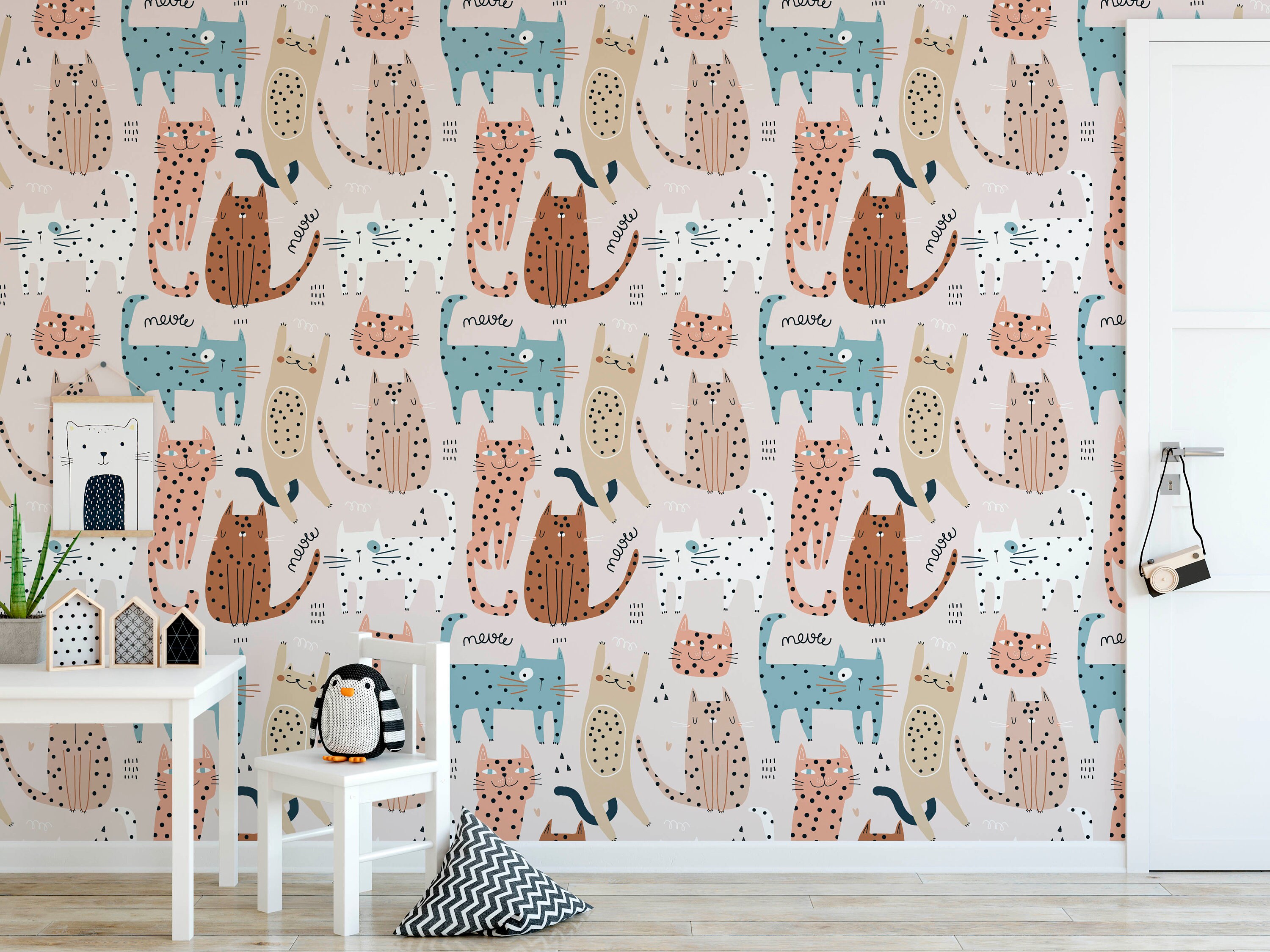 Cat Nursery Wallpaper, Removable Animal Mural Wallpaper, Children's ...