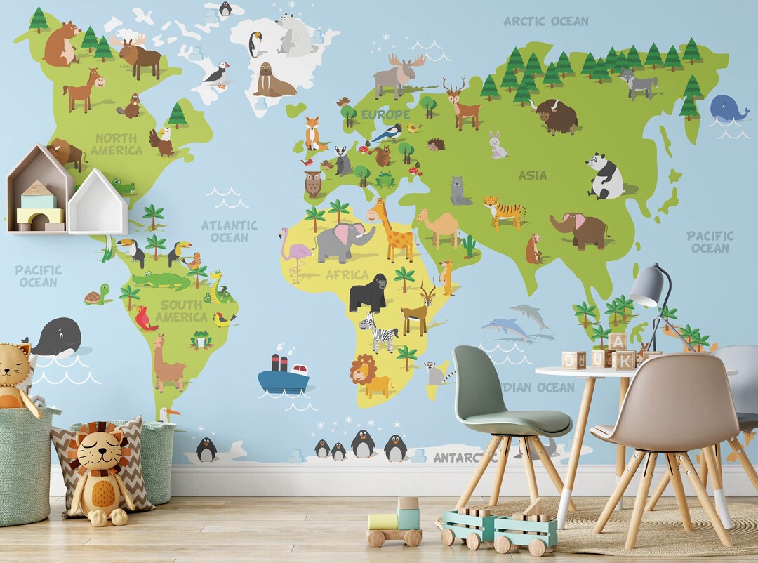 Safari World Map Wallpaper, Nursery Jungle Mural Wallpaper, Children's ...