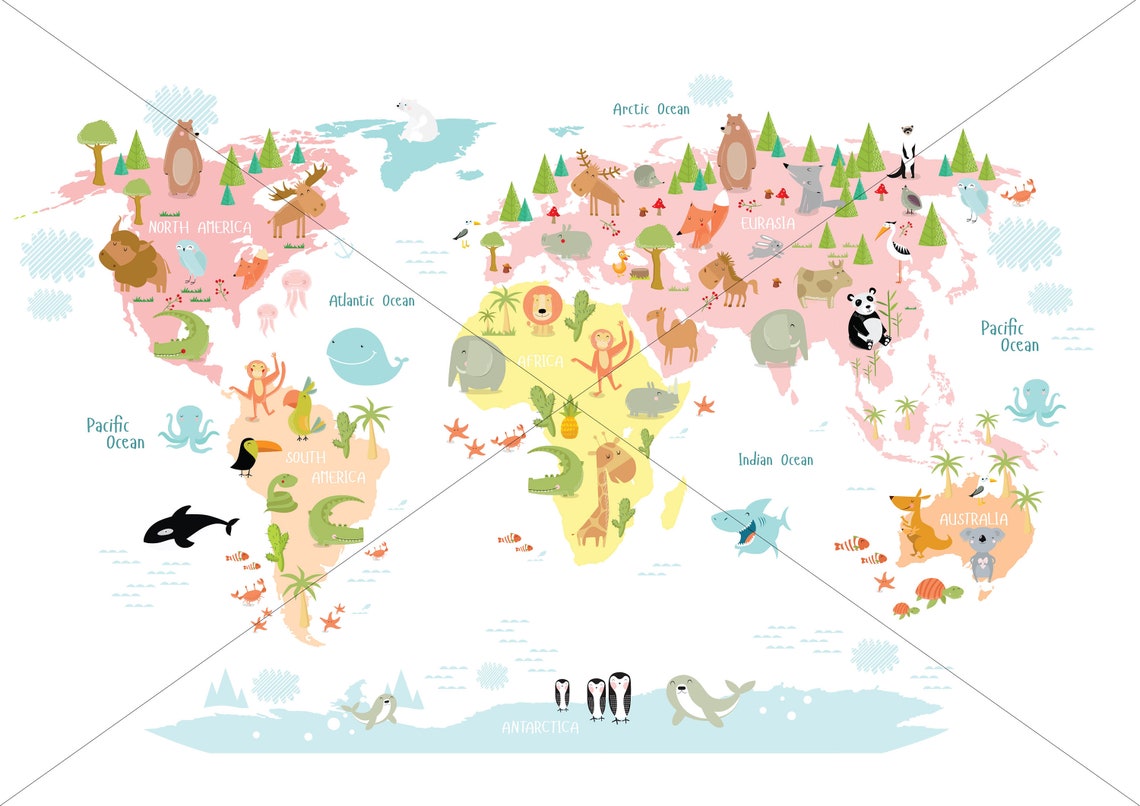 Safari World Map Wallpaper Removable Nursery Jungle Mural - Etsy